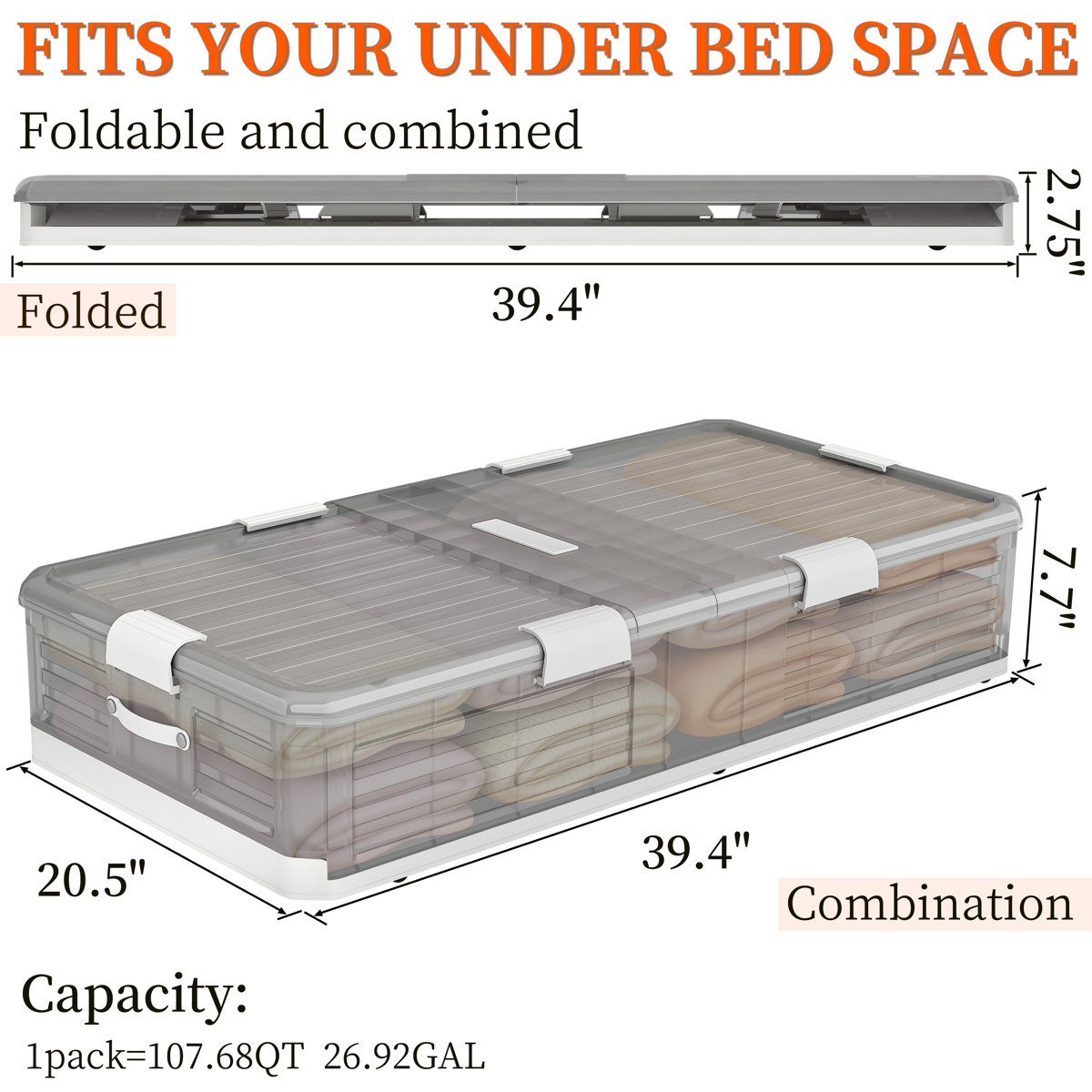 Latitude Run® 2 packStorage Bin Under Bed Storage Containers Stackable Underbed Storage with ...